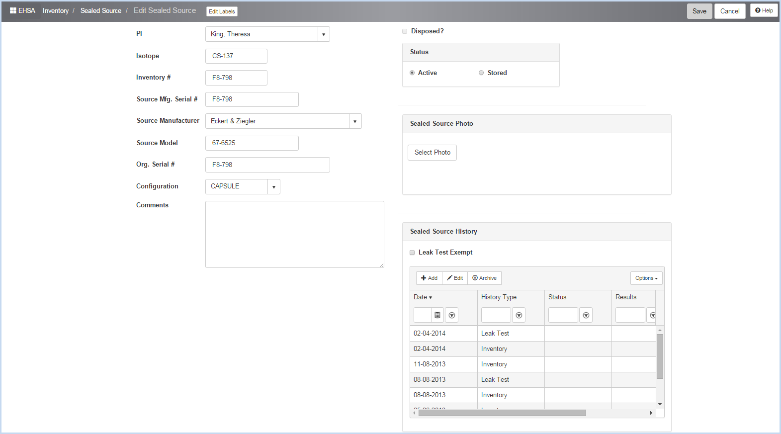 Sealed Source Add or Edit